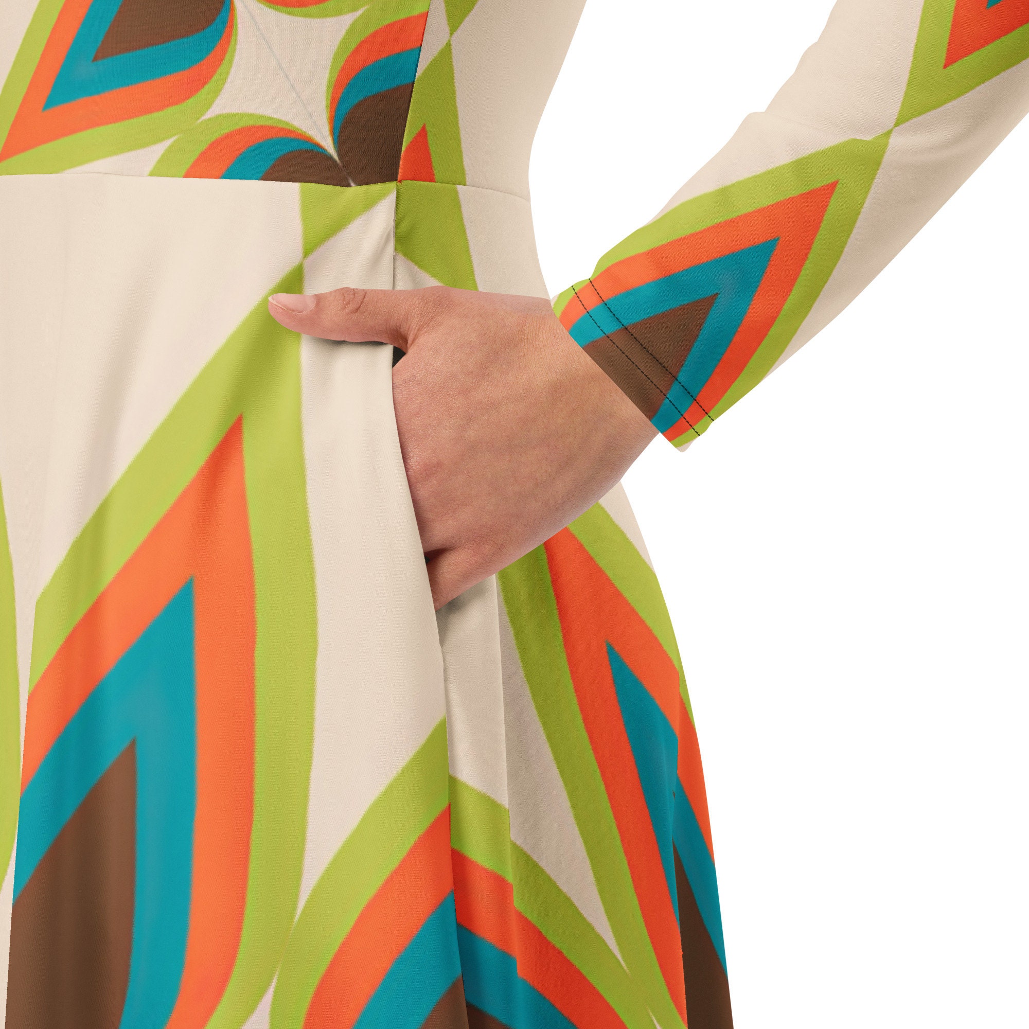 50s Mid Mod Retro Atomic Diamond Teardrop Print Long Sleeve Midi Dress ...