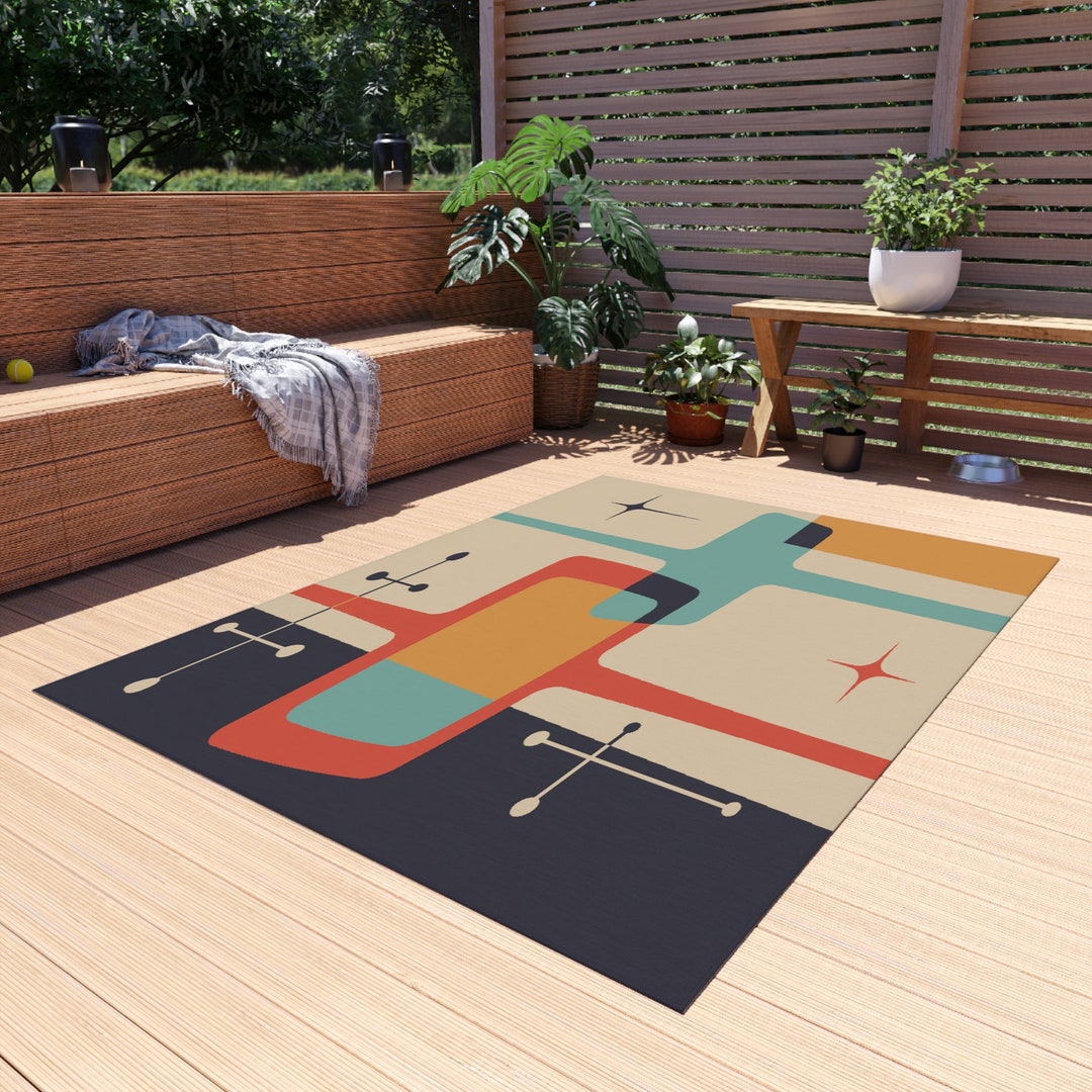 Mid Century Modern Atomic Starburst Indoor-outdoor Rug, Beige, Teal ...