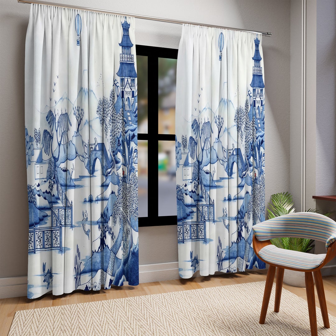 Chinoiserie Blue Willow Window Curtains, Maximalist Floral Blue, White ...