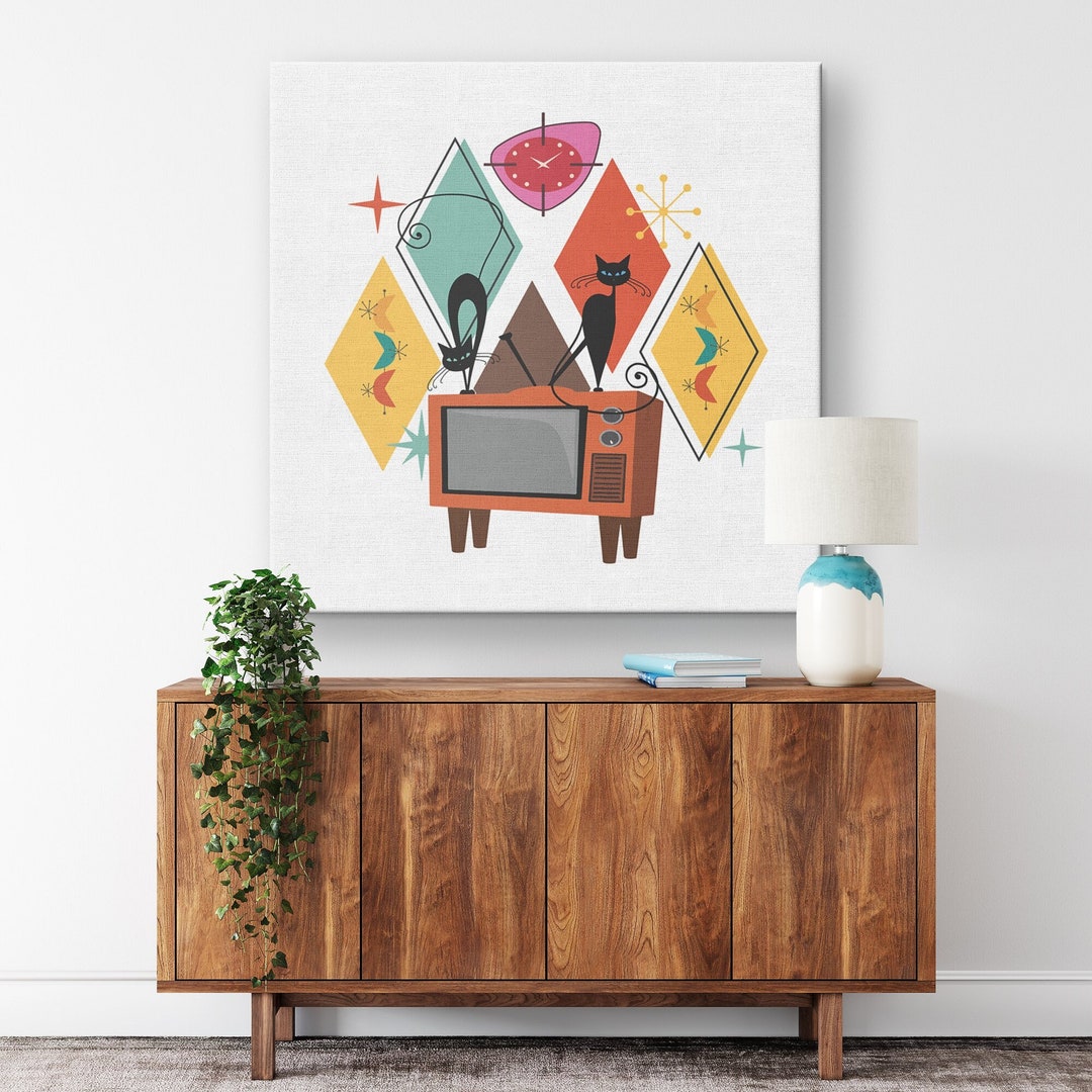 Mid Century Modern Atomic Cat Diamond Starburst Canvas Wrap, Retro Wall ...