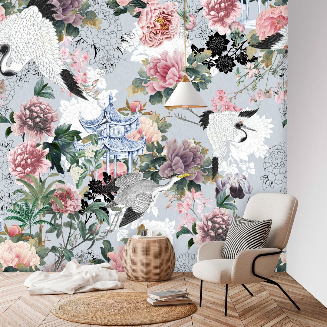 Yuga Tsuru Crane and Peony Wall Murals - Etsy