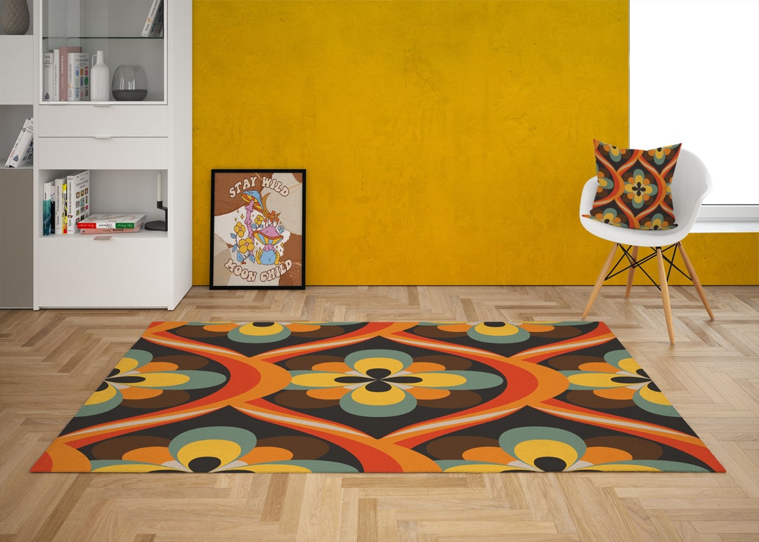Retro Mid Mod Daisy Area Rug, 60s Geometric Floral Boho Burnt Orange ...