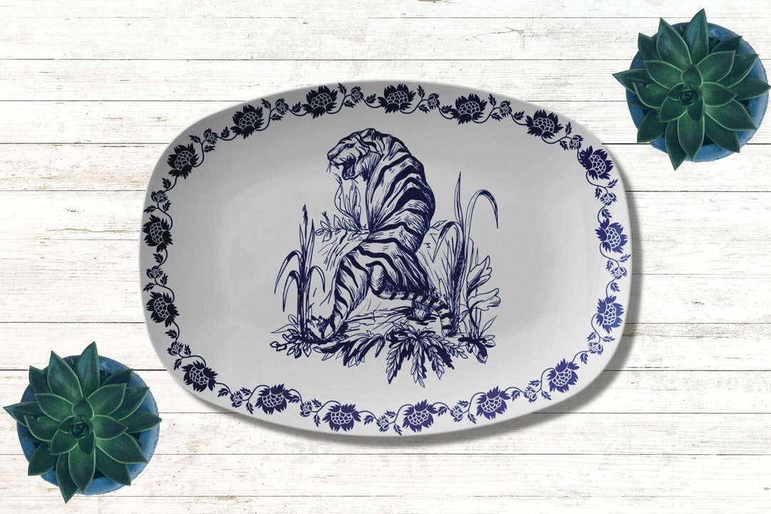 Blue and White Chinoiserie Tiger Serving Platter, Chinoiserie Jungle ...