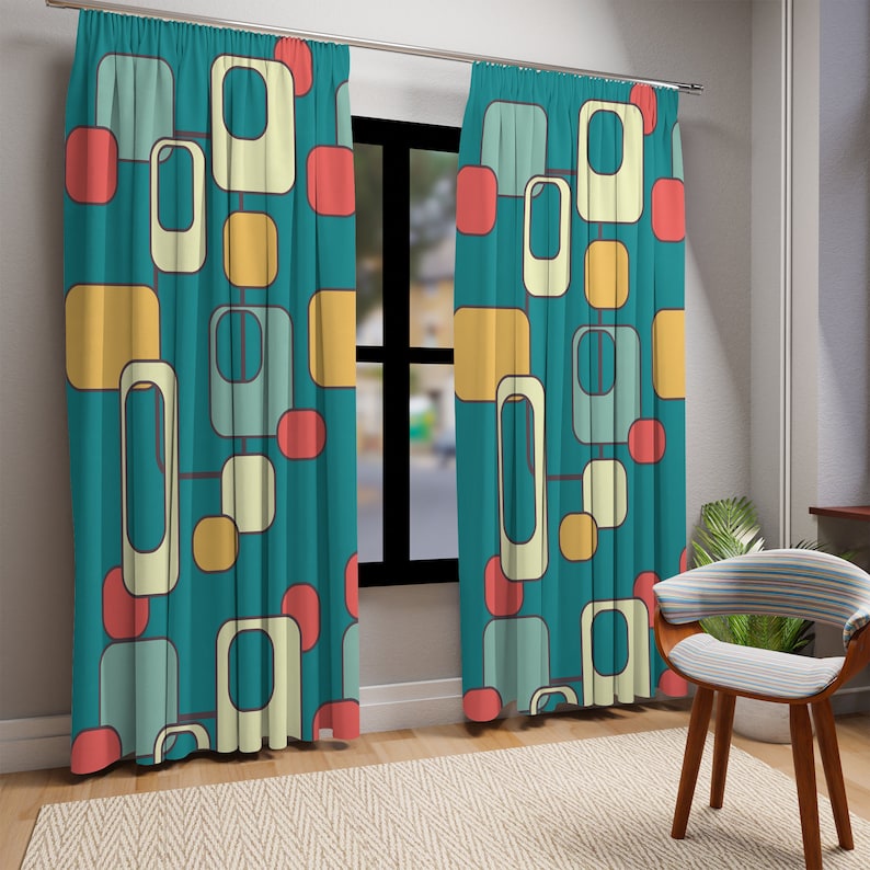 70s Retro Mid Century Modern Geometric Window Curtains Aqua - Etsy