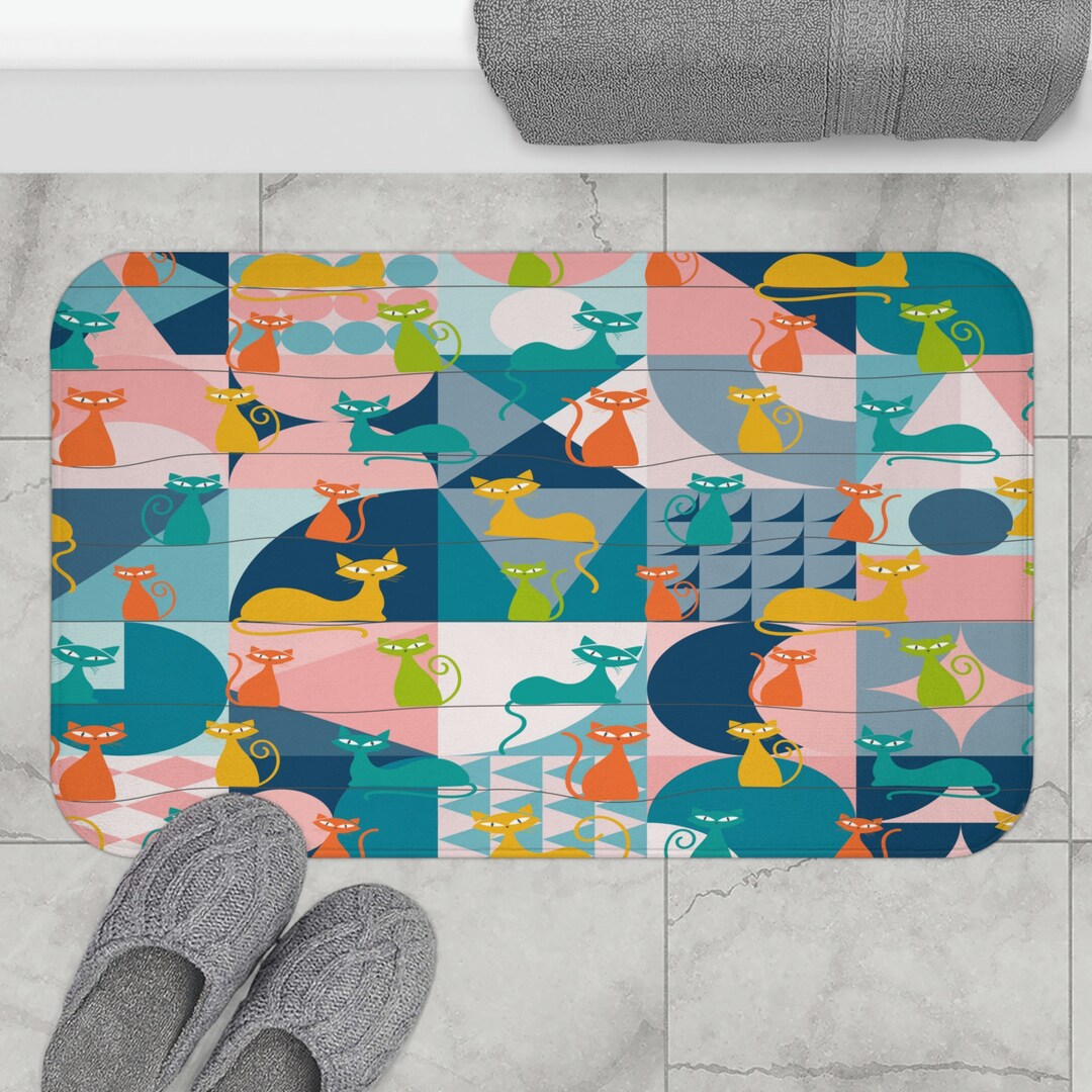 Mid Century Modern Atomic Kitties Bath Mat, Retro Kitsch Teal, Pink ...