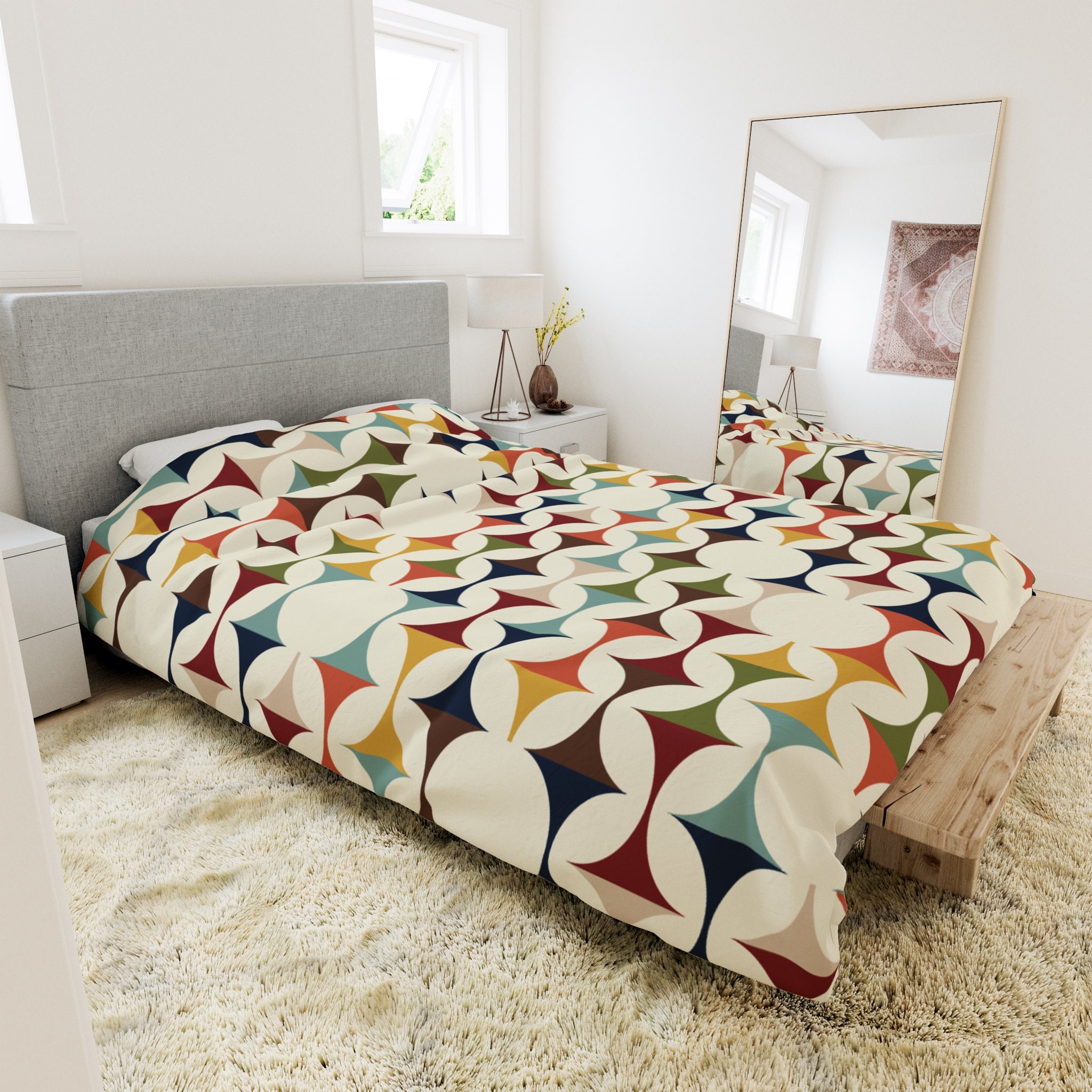 Retro MCM Duvet Cover, Mid Century Modern Bedding, Vibrant Geometric ...