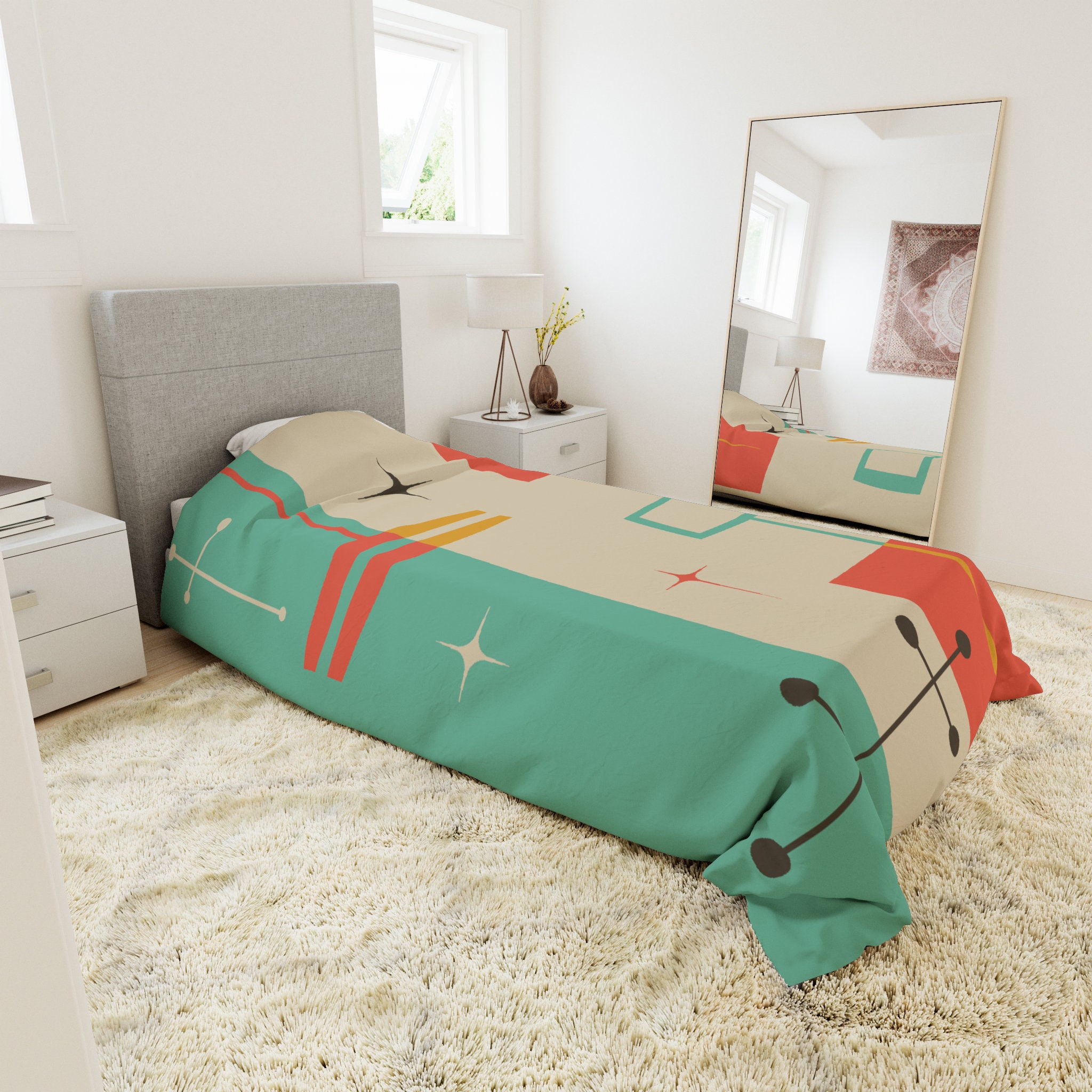 MCM Atomic Starburst Duvet Cover, Retro Geometric Abstract Teal, Burnt ...