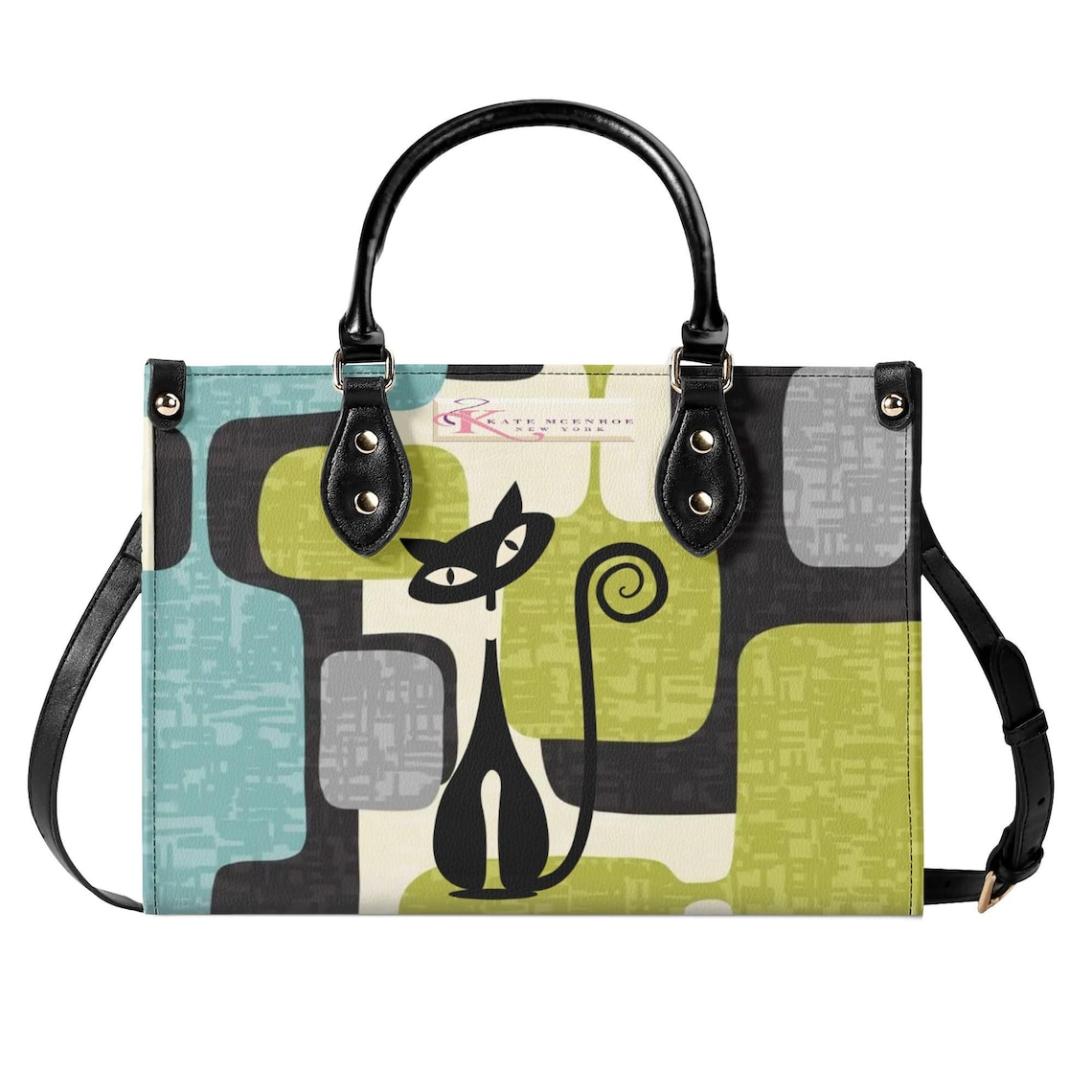 Mid Mod Atomic Cat Abstract Block Satchel, Retro Teal, Lime Green, Gray ...