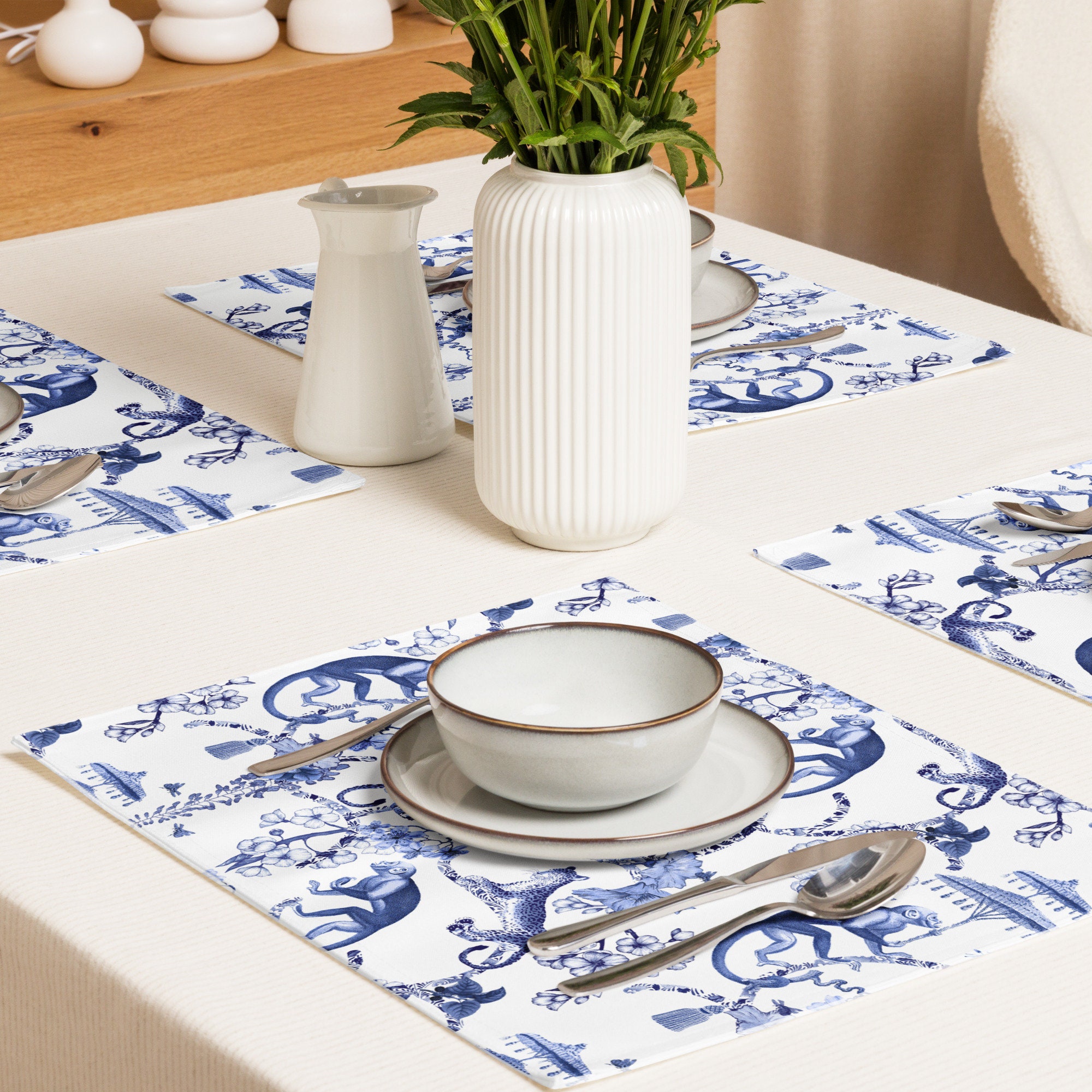 Chinoiserie Botanical Toile Placemats, Set of 4, Floral Blue and White ...
