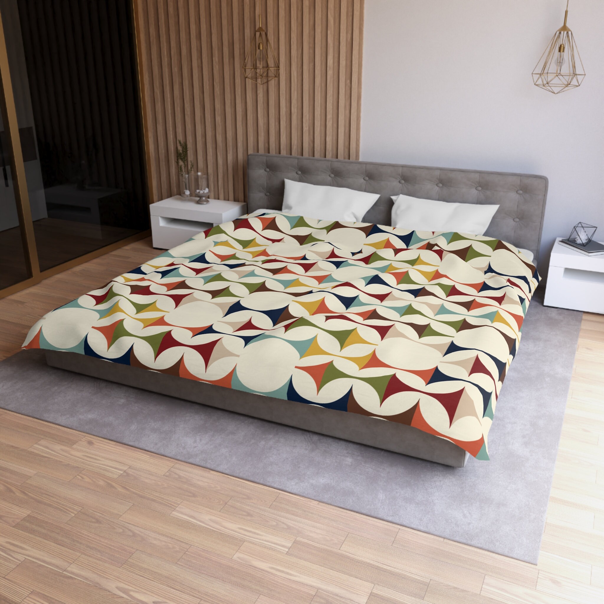 Retro MCM Duvet Cover, Mid Century Modern Bedding, Vibrant Geometric ...