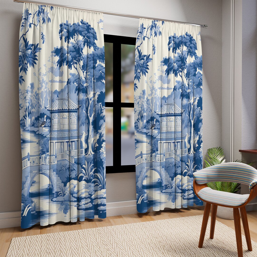 Chinoiserie Pagoda Floral Window Curtains, Country Farmhouse ...