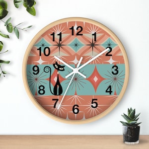 Atomic Cat Round Wall Clock, Retro Mid Century Modern Starburst Home ...