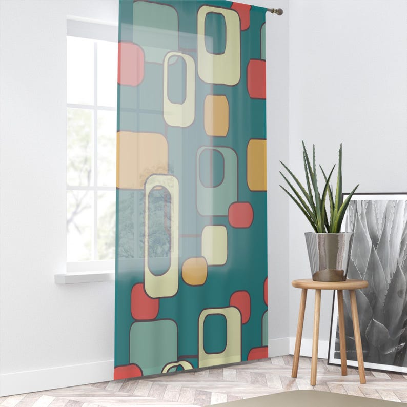 70s Retro Mid Century Modern Geometric Window Curtains, Aqua Blue Teal ...