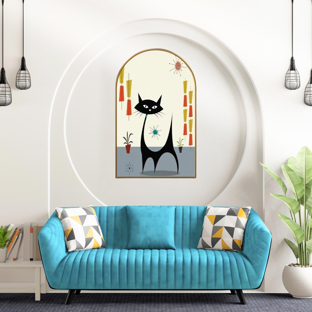 Atomic Cat Retro Abstract Wall Art, Mid Century Modern Arched Canvas ...