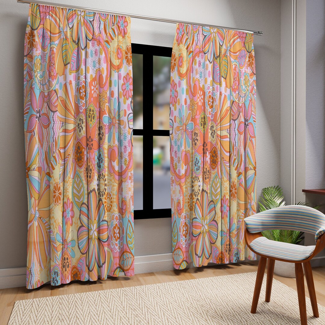 70s Mid Century Modern Trippy Floral Window Curtains, Orange, Yellow ...