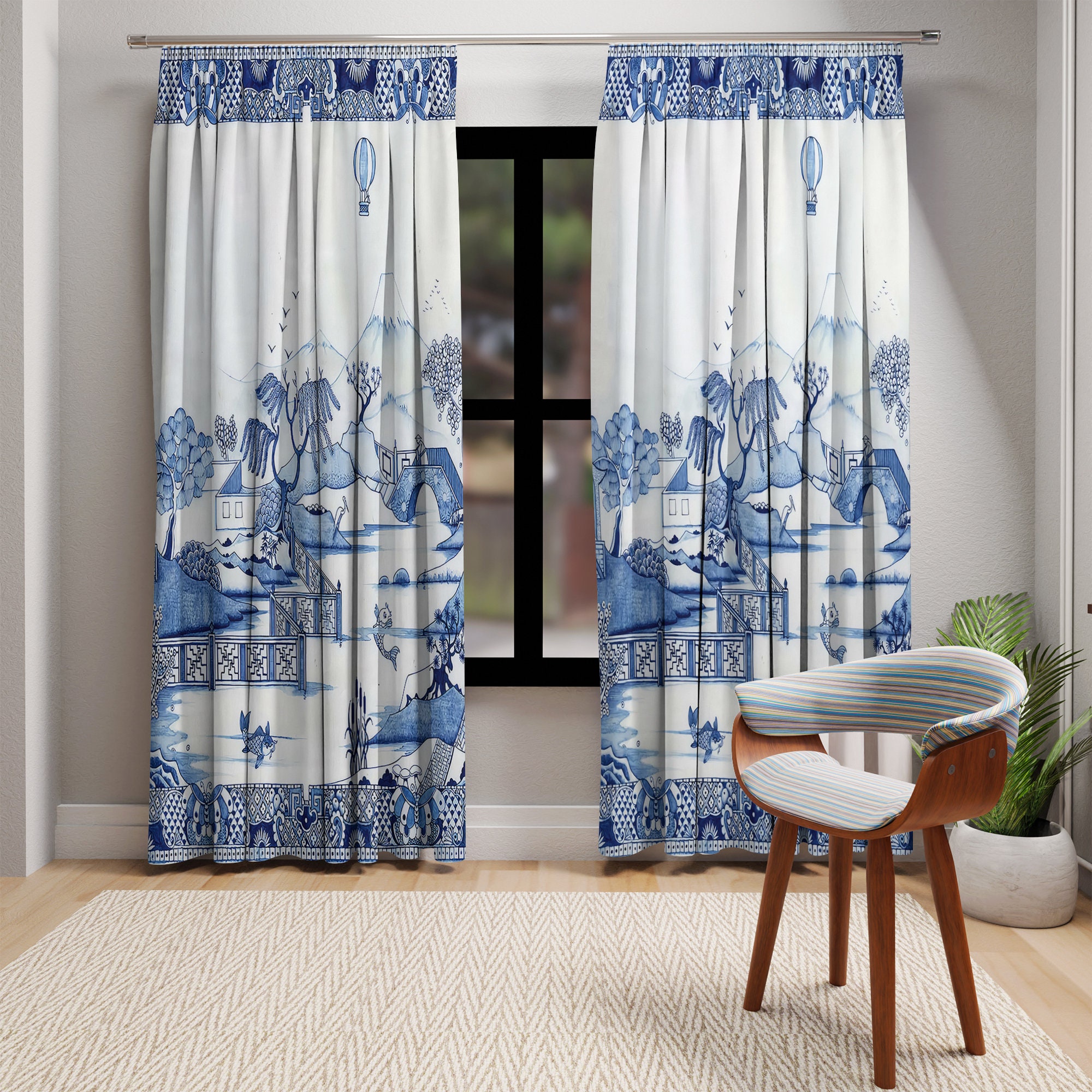 Chinoiserie Blue Willow #2 Window Curtains, Maximalist Floral Blue ...