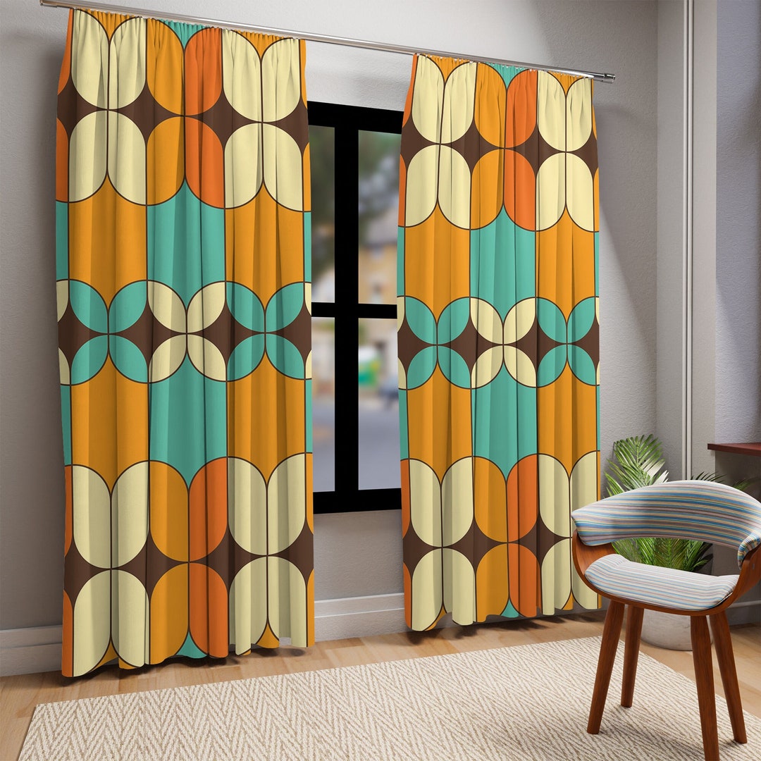 Mid Century Modern Geometric Window Curtains, Retro Living Room ...