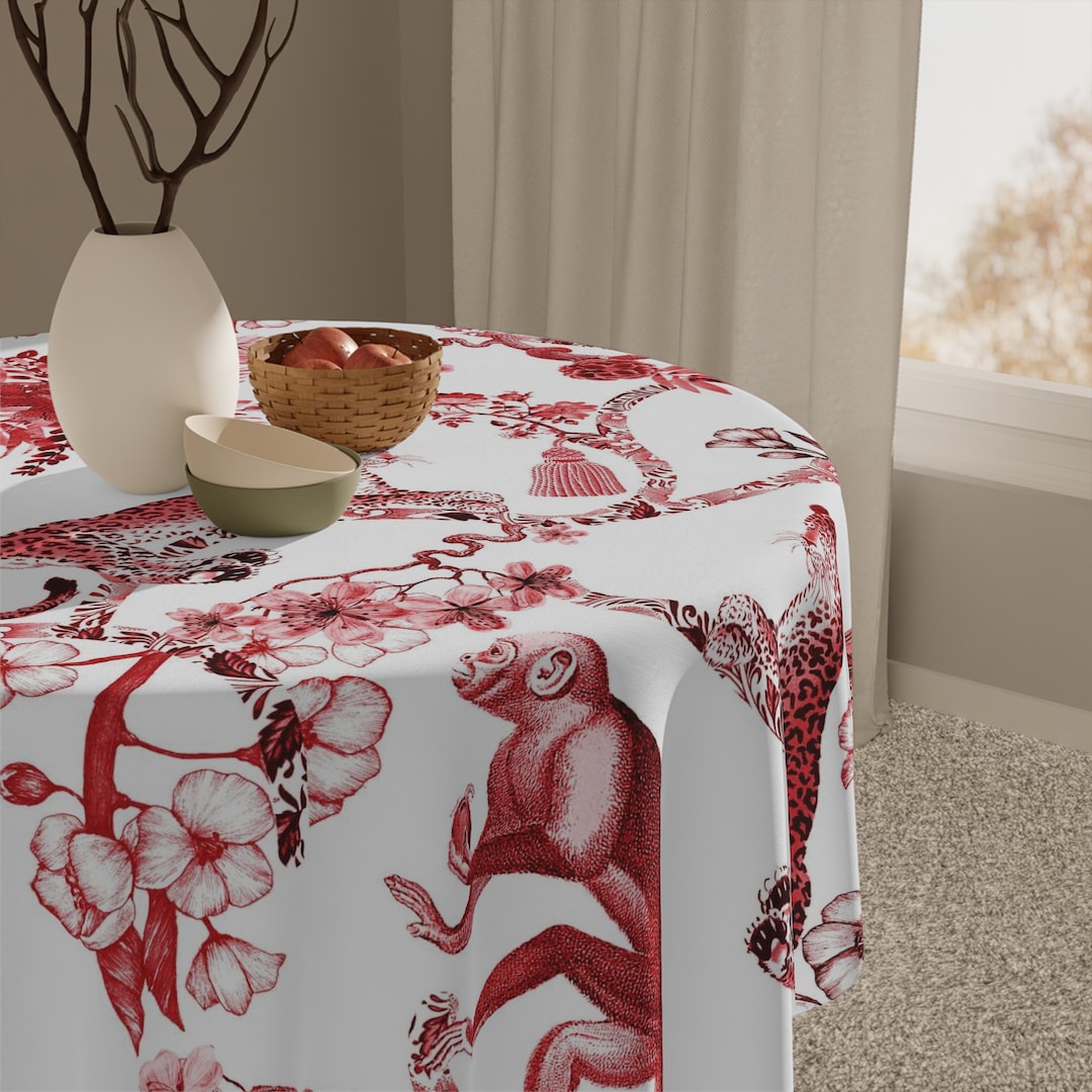 Chinoiserie Jungle Botanical Toile Tablecloth, Red, White Chinoiserie ...