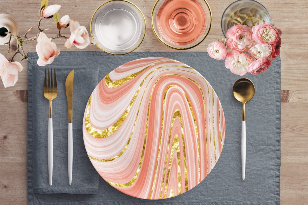 Marble Print Dinner Plates, Peach Gold Swirl Marble Dinnerware Plate ...