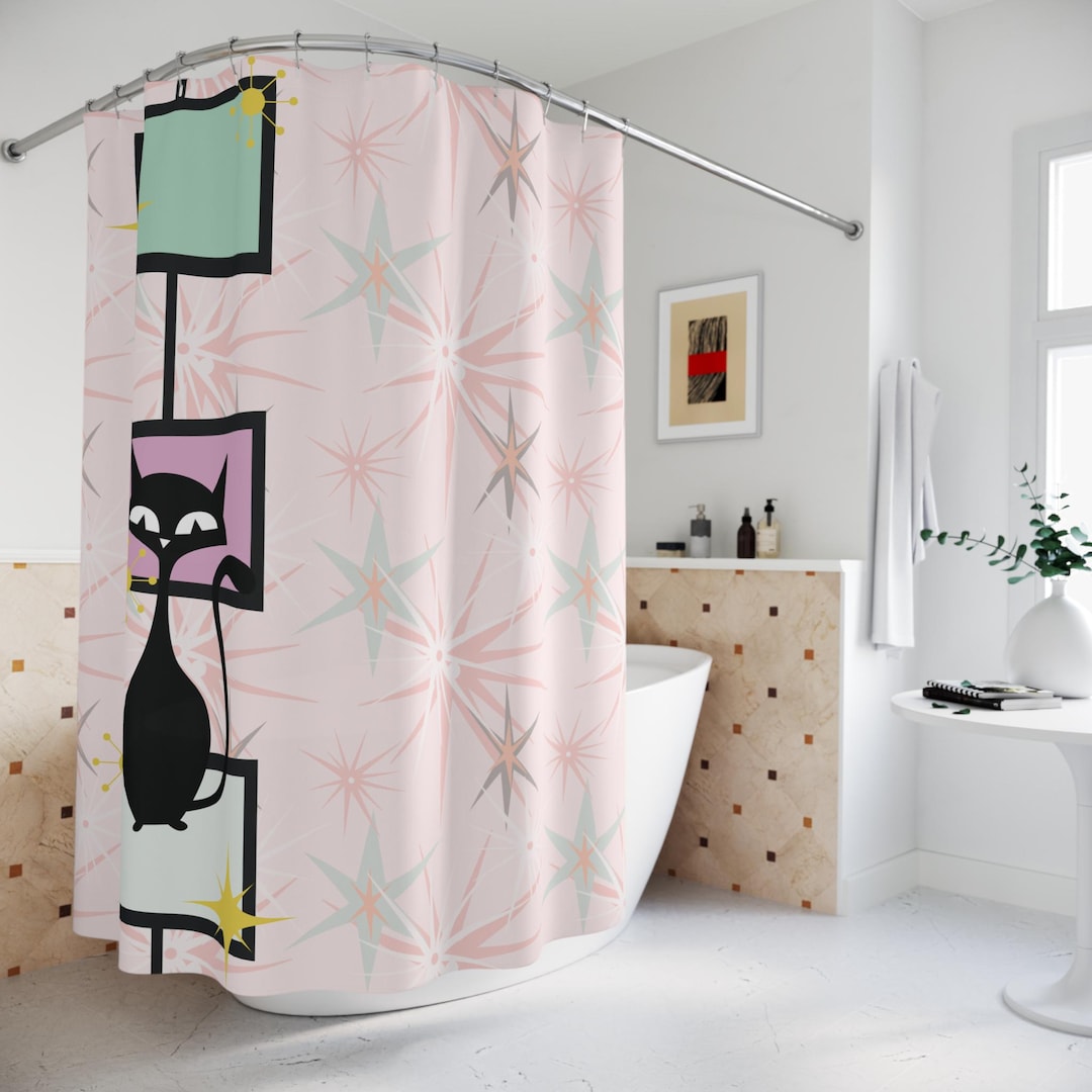Atomic Cat Mid Century Modern Shower Curtain, Retro Starburst Bathroom ...