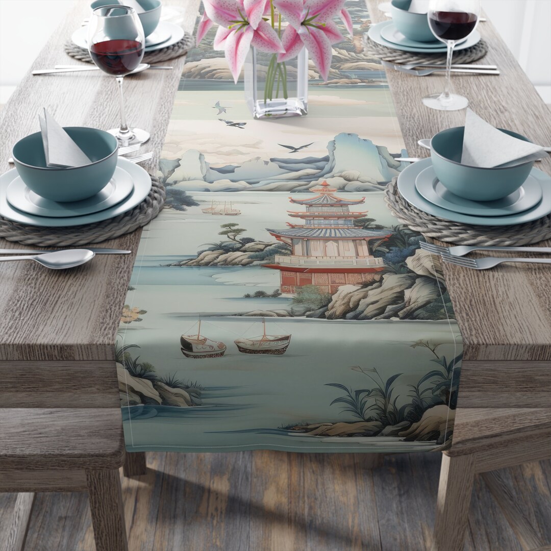 Chinoiserie Pagoda Landscape Floral Table Runner, Country Chic ...