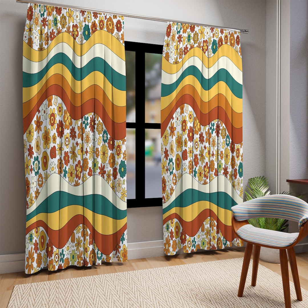 Window Curtains in Mid Century Modern 70s Groovy Hippie Wavy Retro ...