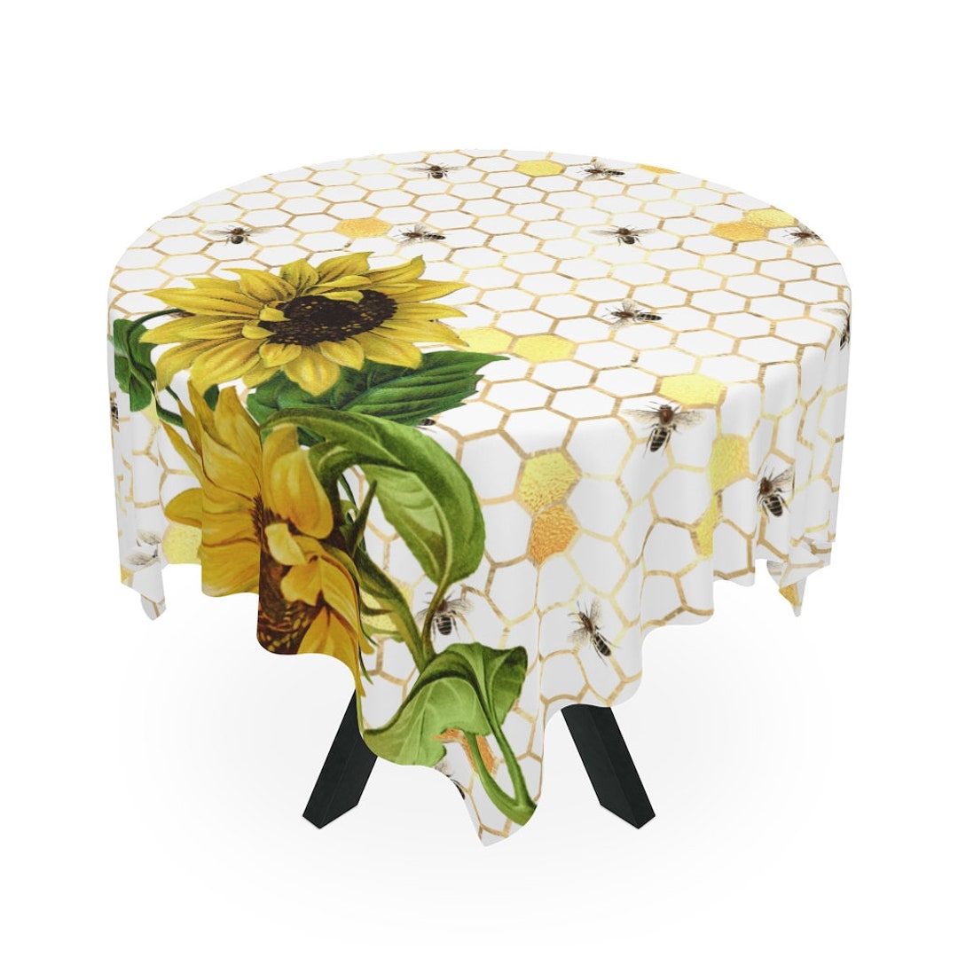 Sunflower Bee Honeycomb Tablecloth, Custom Designed Floral Table Linen, Sunflowers and ...
