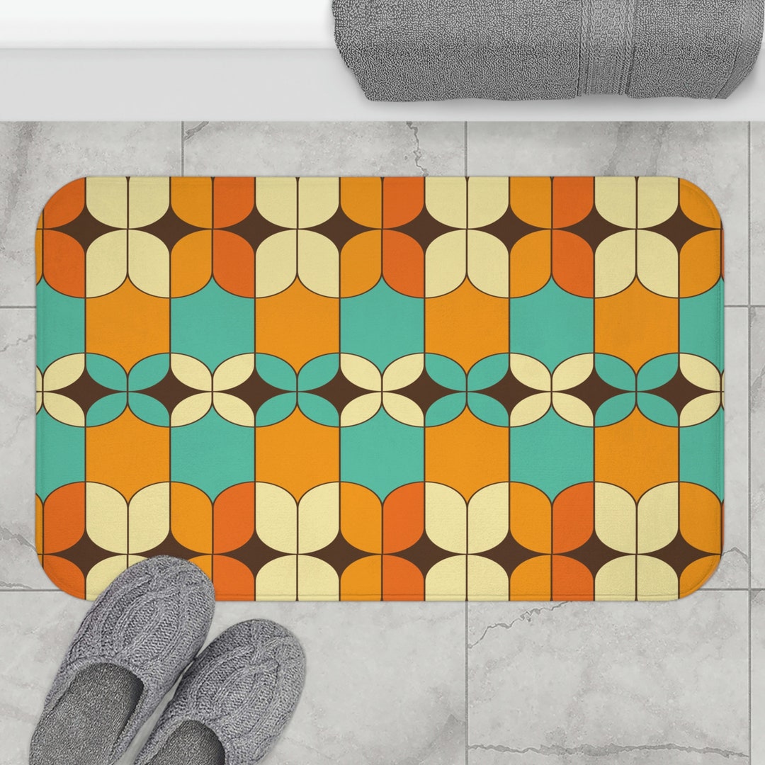 Groovy 50s Retro Mid Mod Aesthetic Bath Mat, Mid Century Modern Orange ...