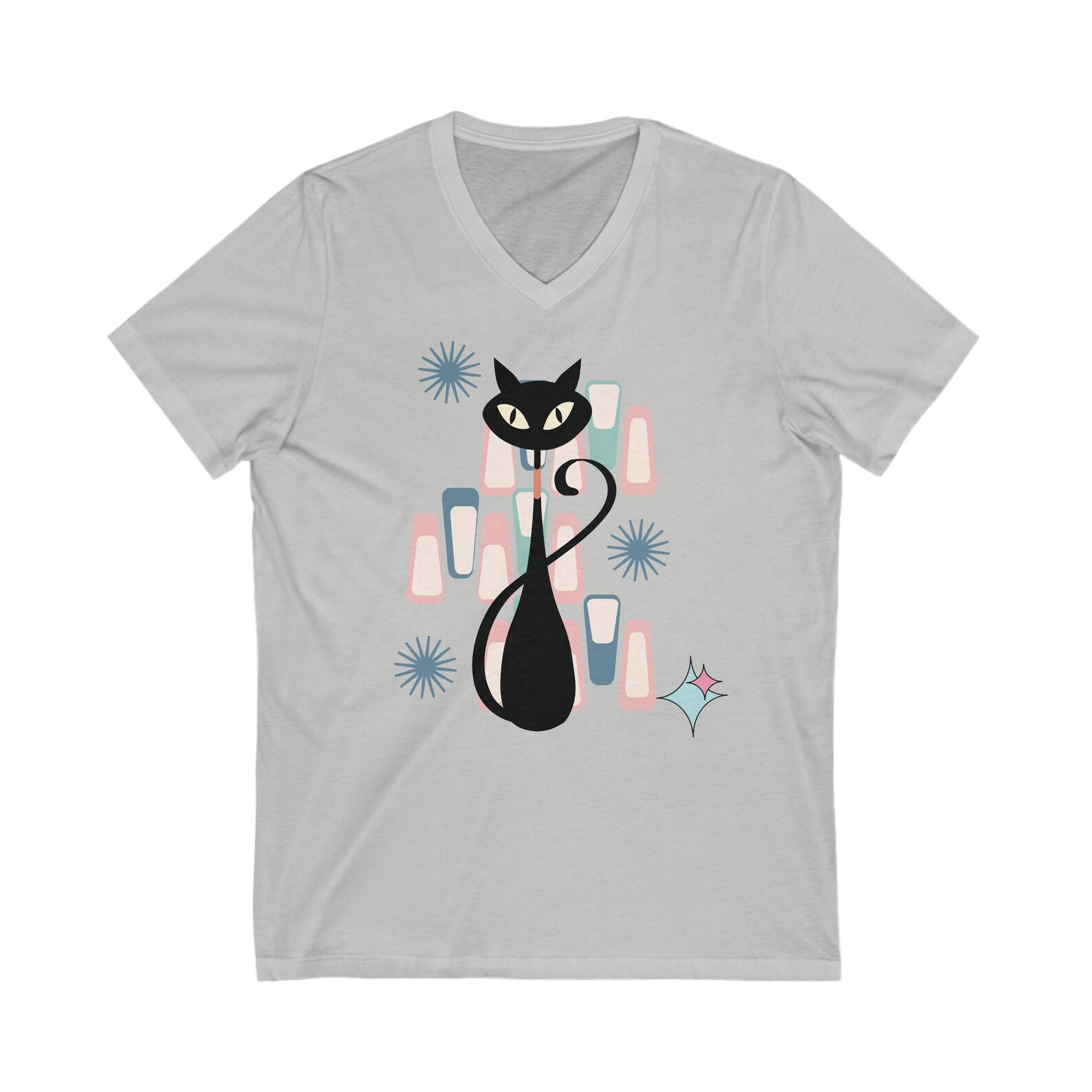 Retro Atomic Kitschy Cat V-neck T-shirt, Mid Century Modern Retro ...