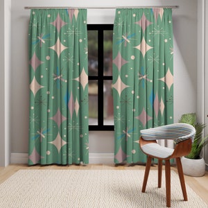 50s Mid Century Modern Starburst Window Curtains, Pink, Green Retro ...