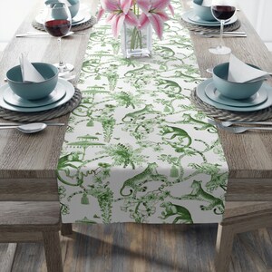 Chinoiserie Botanical Toile Table Runner, Floral Green, White ...