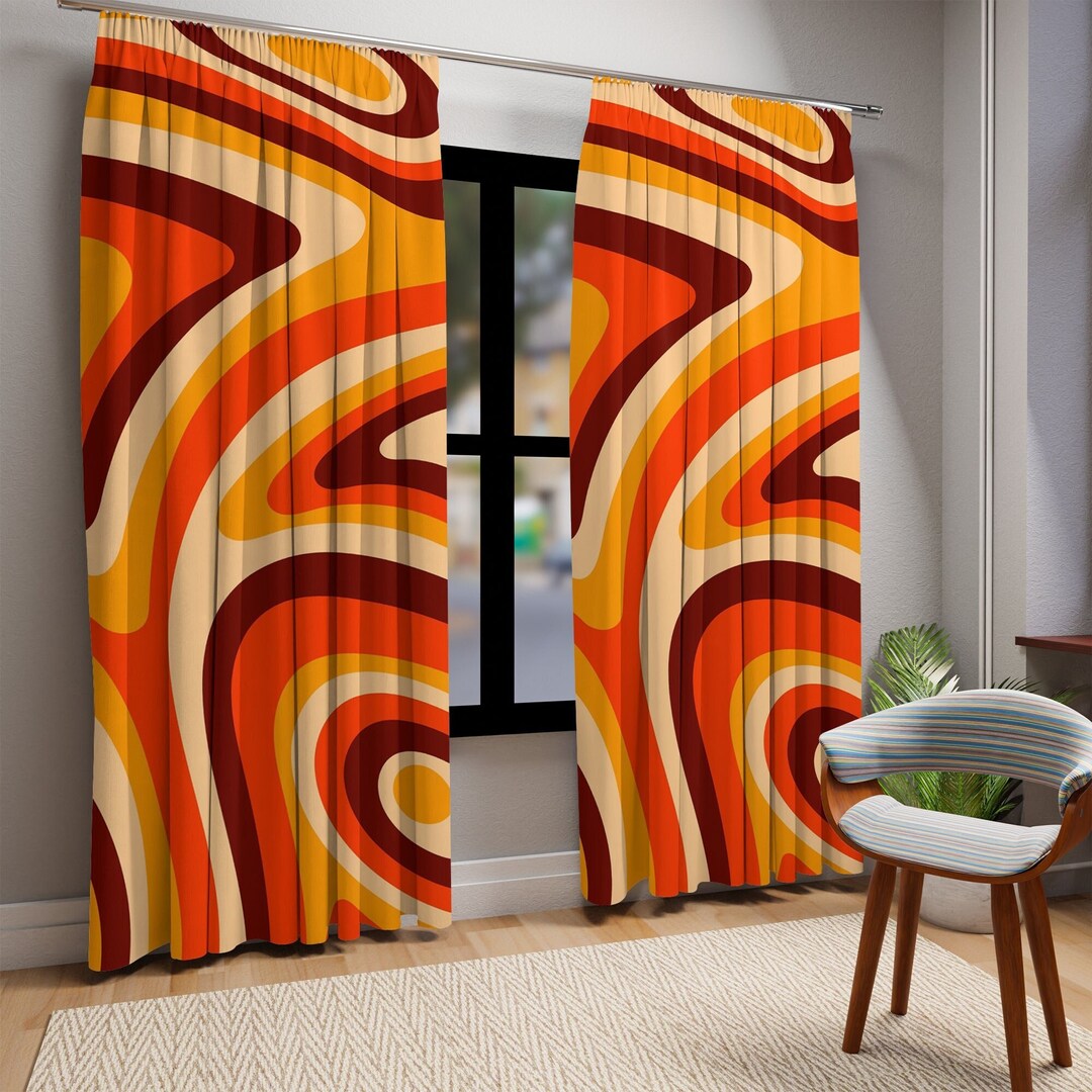 Blackout Window Curtains in Retro Groovy Wavy Psychedelic Print, Mid ...