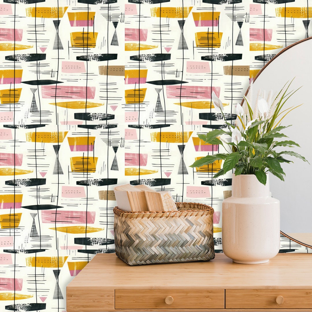 Mid Century Modern Geometric Peel and Stick Wallpaper, Retro Abstract ...