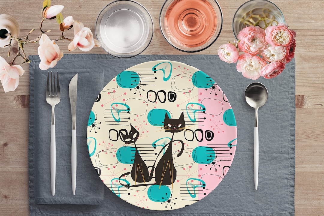 Retro Atomic Cat Mid Century Modern Dinner Plate, MCM Pink, Turquoise ...