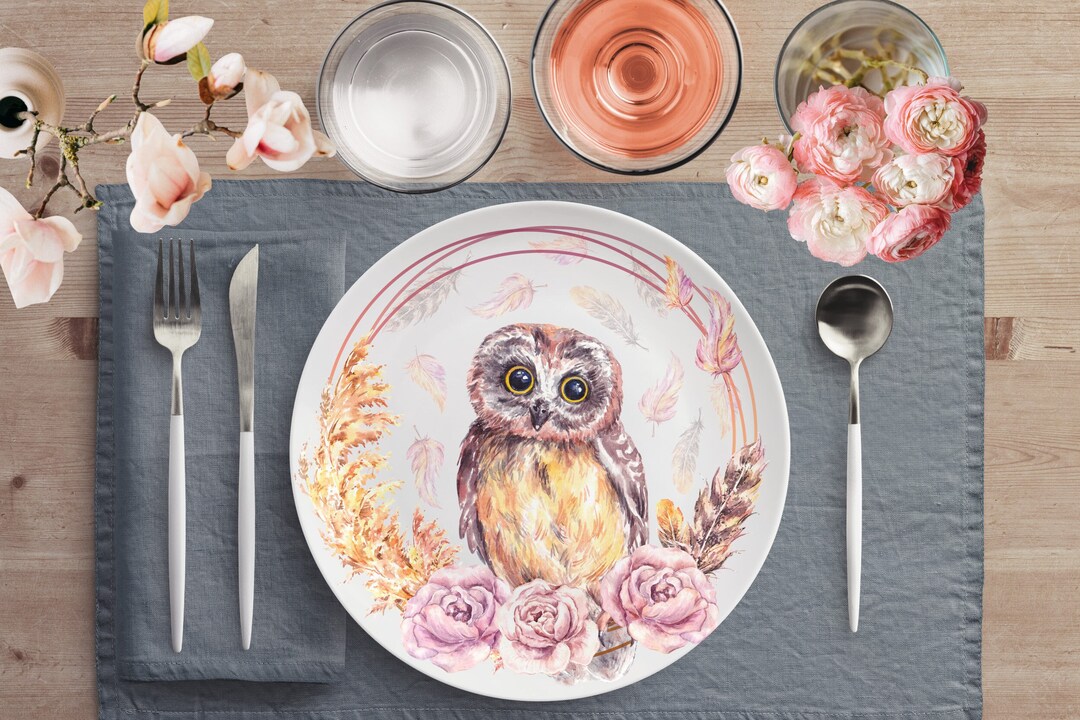 Dinner Plate in Boho Floral Owl, Custom Designed Owl Floral Print Boho ...