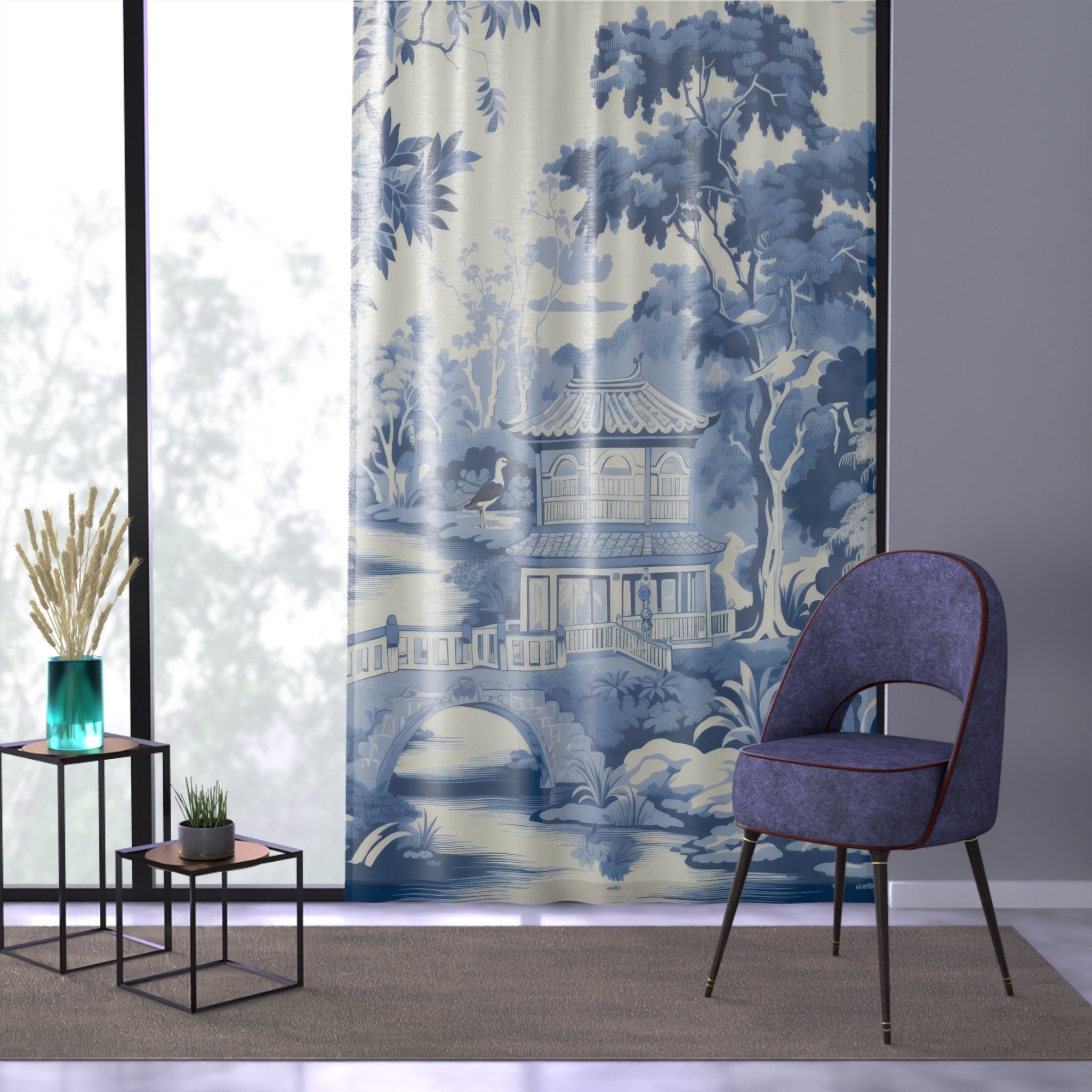 Chinoiserie Pagoda Floral Window Curtains, Country Farmhouse ...