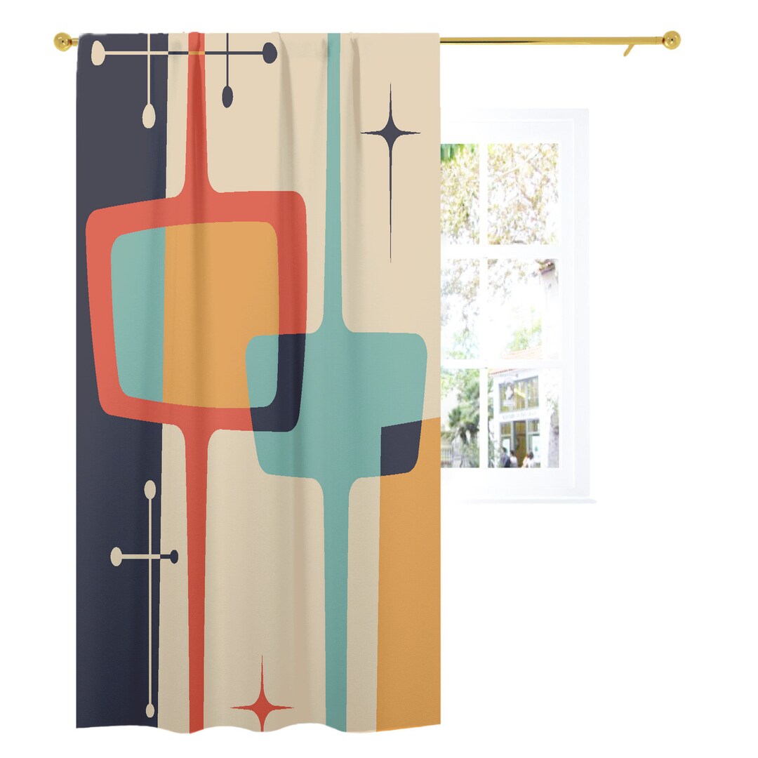 Mid Century Modern Atomic Starburst Window Curtain, Retro Cream, Teal ...