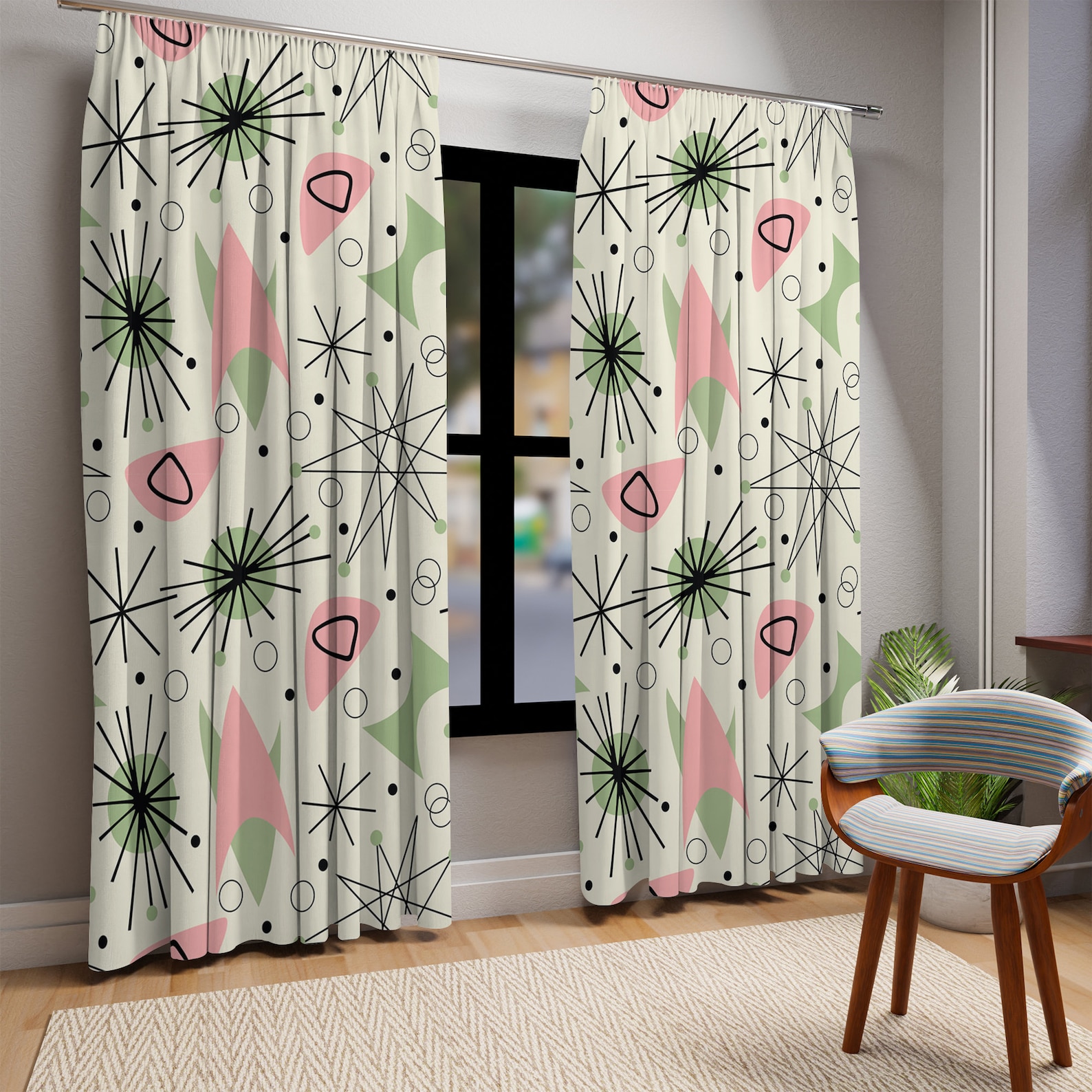 Window Curtains in Mid Century Modern Retro Kitsch Starburst, Atomic ...