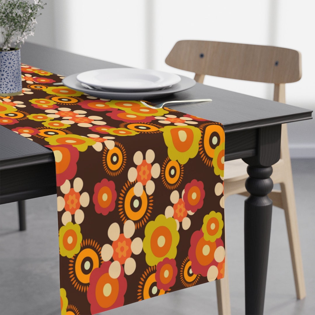 1970s Mid Century Modern Boho Floral Table Runner, Retro Table Runner ...