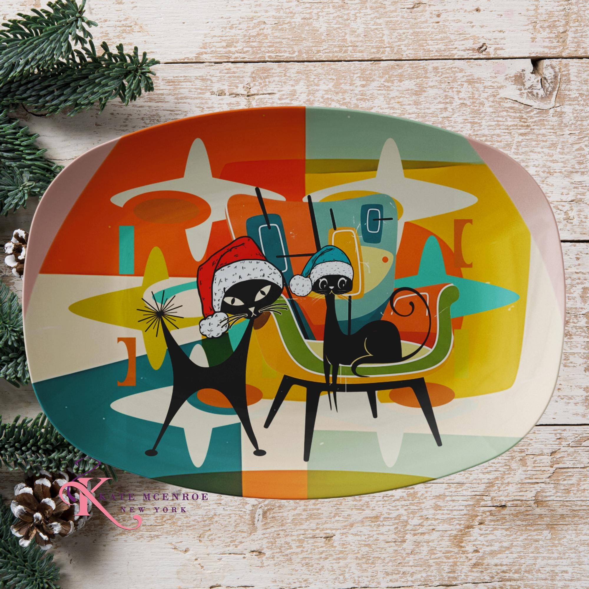 Atomic Cat Mid Century Modern Kitsch Christmas Holiday Serving Platter ...
