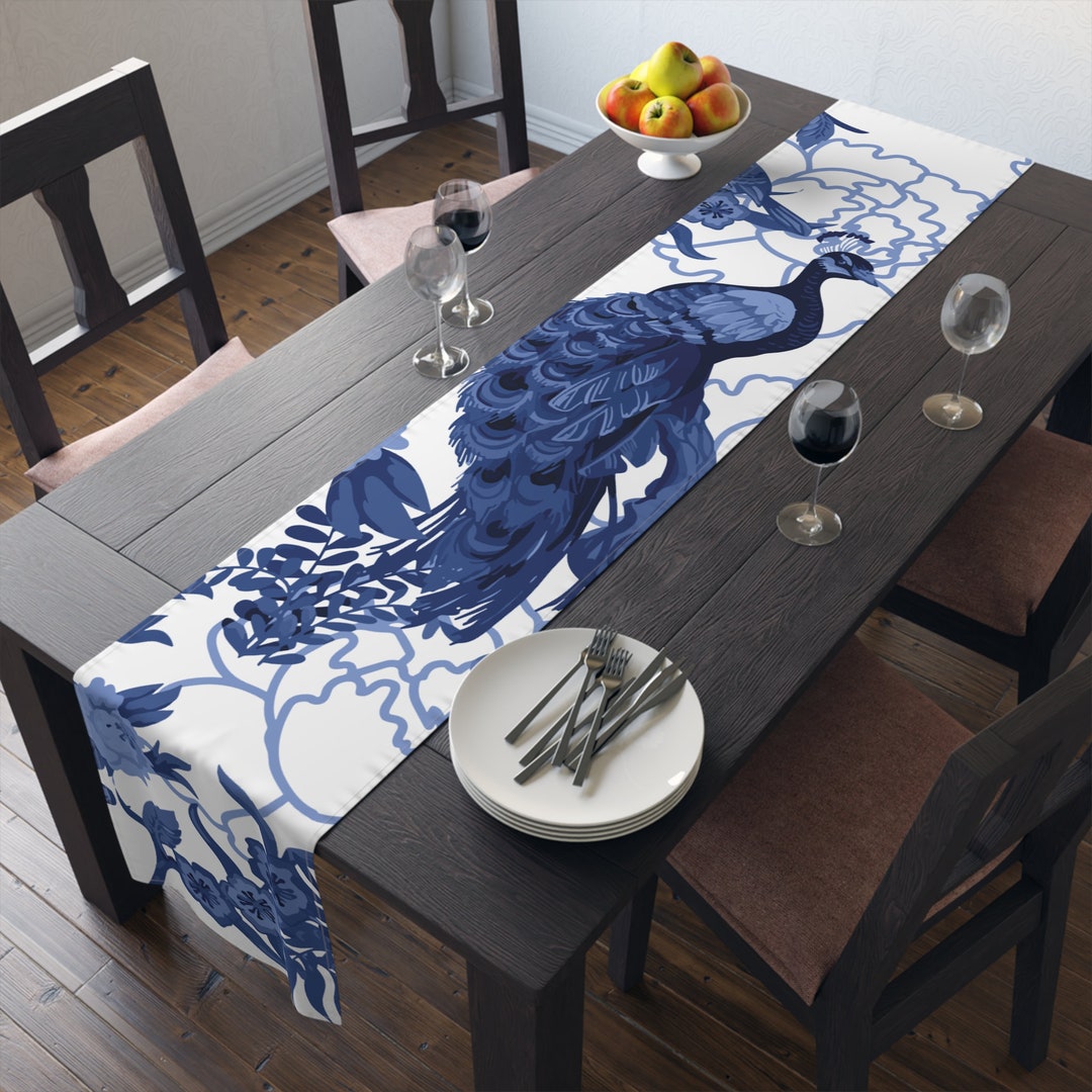 Chinoiserie Peacock Table Runner, Blue and White Floral Print, Elegant Table Linens, Oriental ...