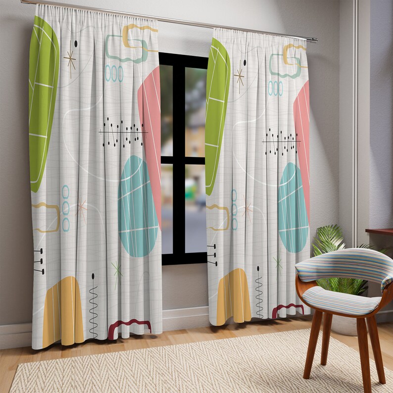 1950s Mid Century Modern Abstract Window Curtains in Retro Teal, Lime ...