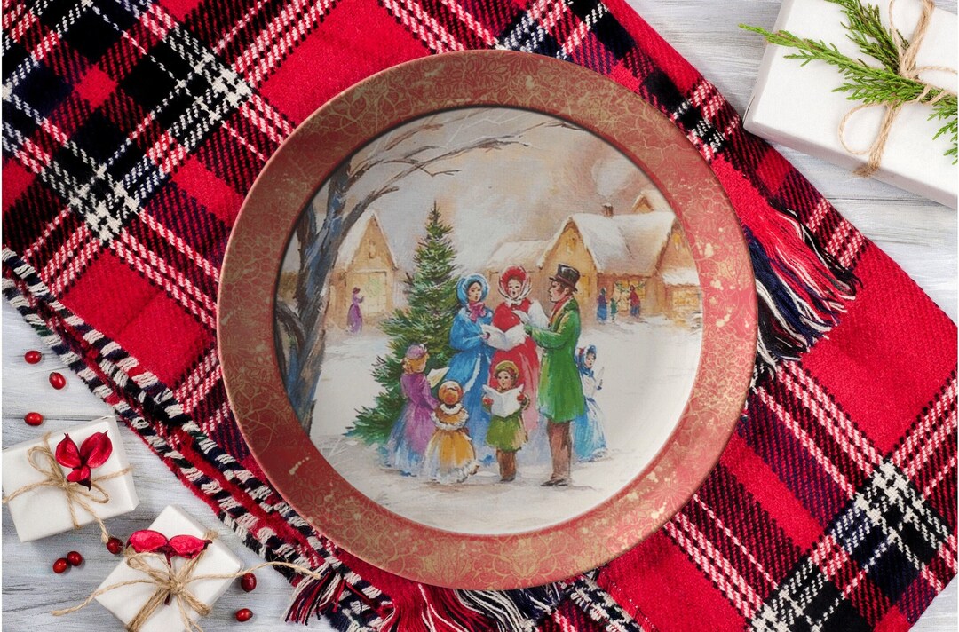 Vintage Red Christmas Carolers Scene Dinner Plate, Christmas Dinner ...