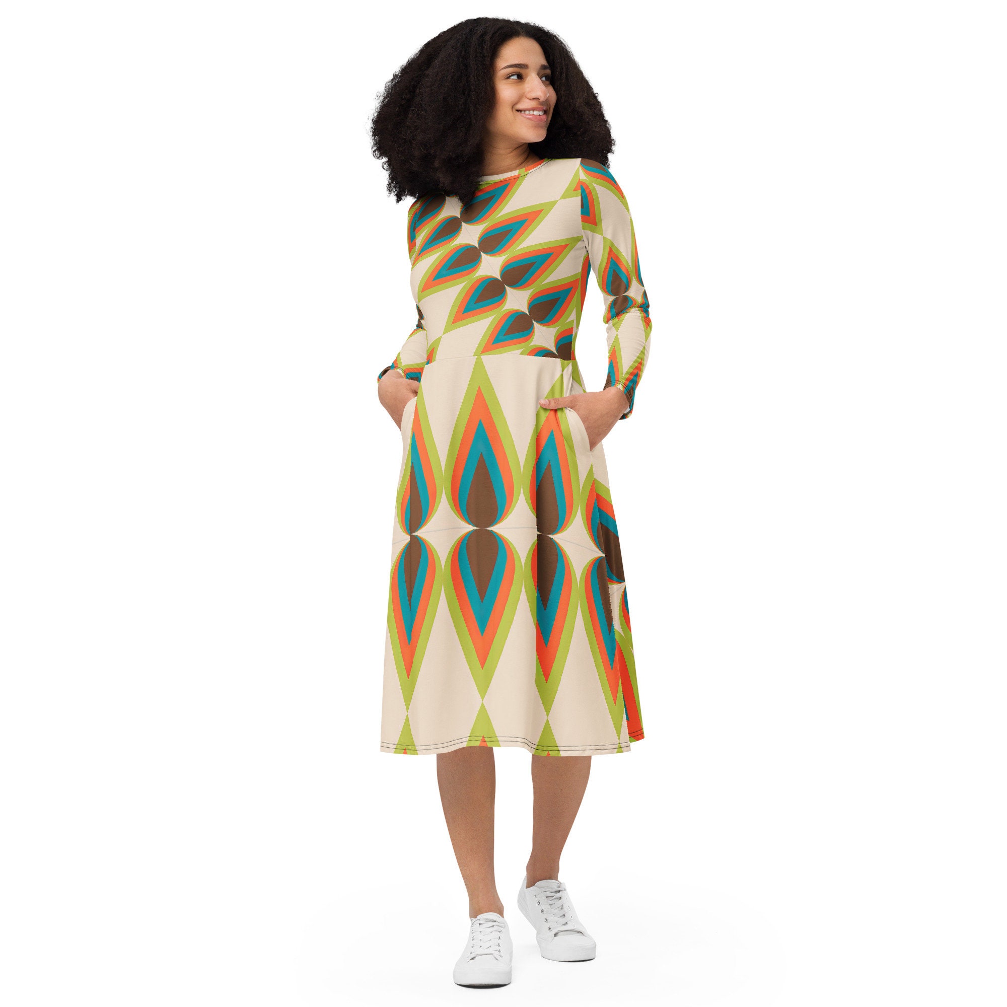 50s Mid Mod Retro Atomic Diamond Teardrop Print Long Sleeve Midi Dress ...
