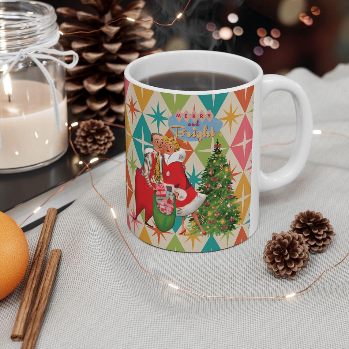 Jolly Retro Holiday Mug, 50s Festive Cheer, Merry and Bright Coffee Cup ...
