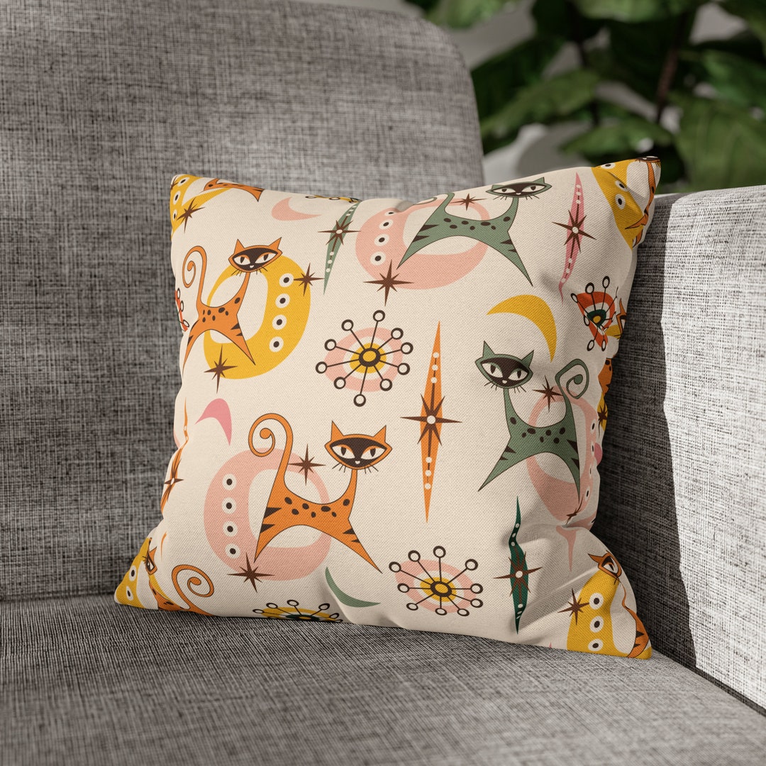 50s Sputnik Atomic Cat Throw Pillow Cover, Retro Mid Century Modern ...
