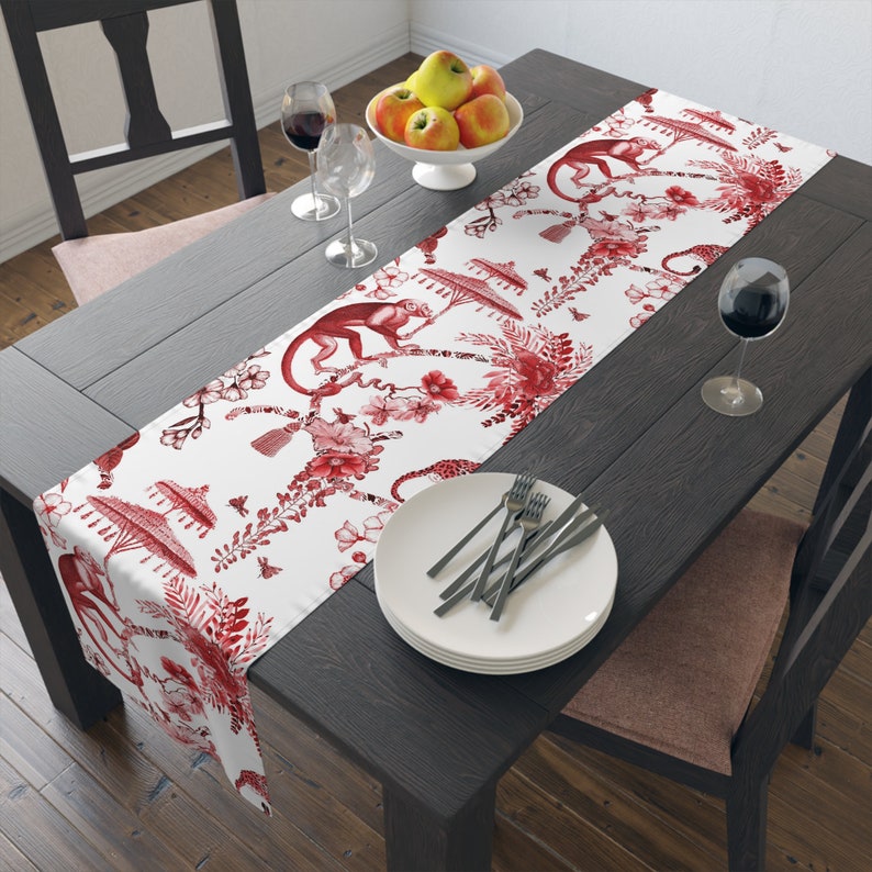 Chinoiserie Jungle Botanical Toile Table Runner, Red, White Chinoiserie ...