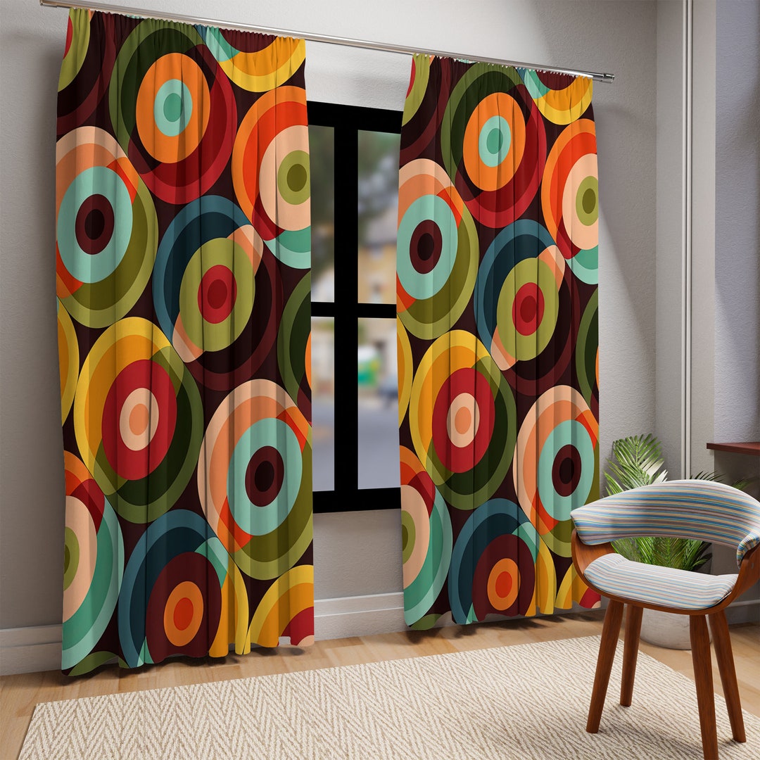 Retro Groovy Geometric Circle Orbs Window Curtains, 70s Mid Century ...