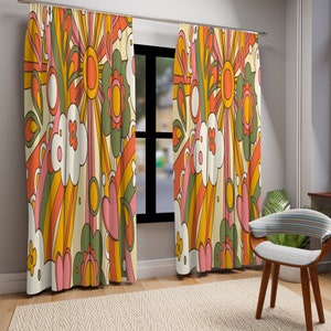 Window Curtains in Mid Century Modern Retro Groovy Hippie 70s Sunburst ...