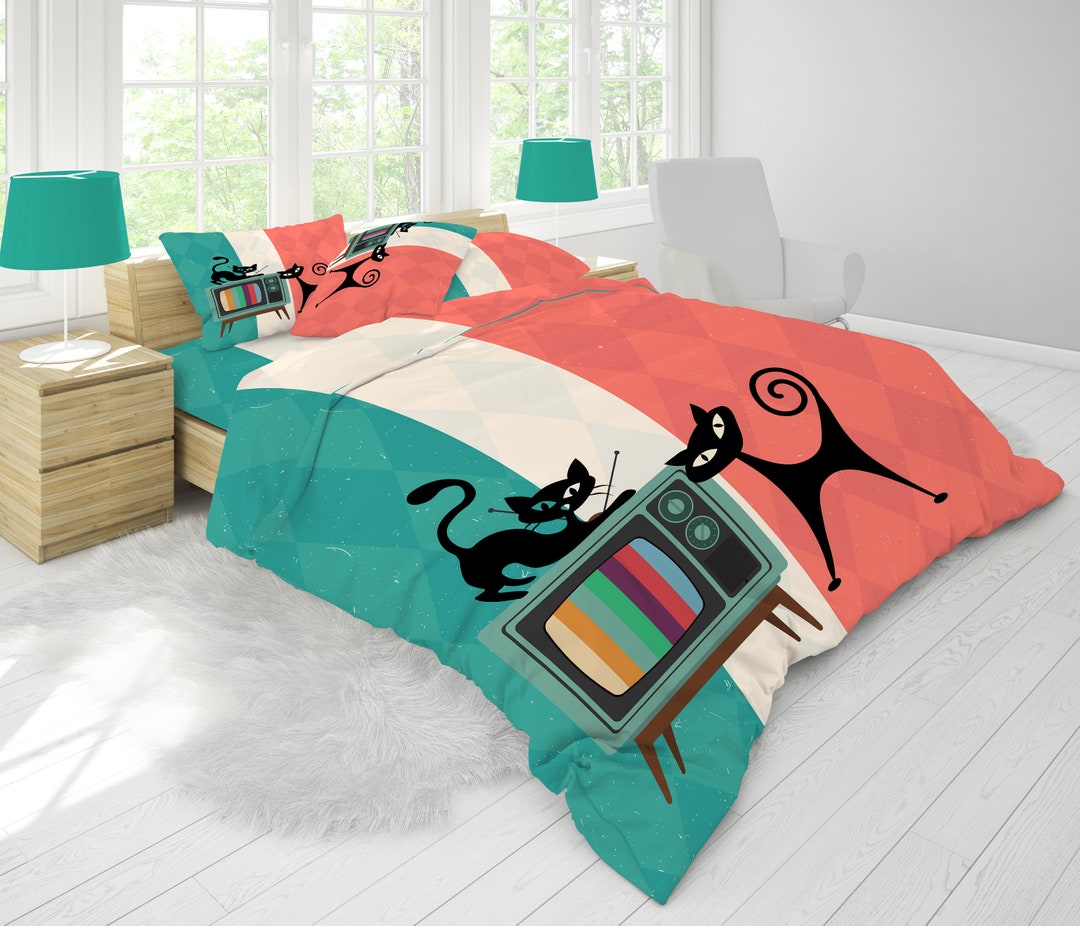 Atomic Cat Retro TV Comforter, Vibrant MCM Bedding, Nostalgic 50s, Teal ...